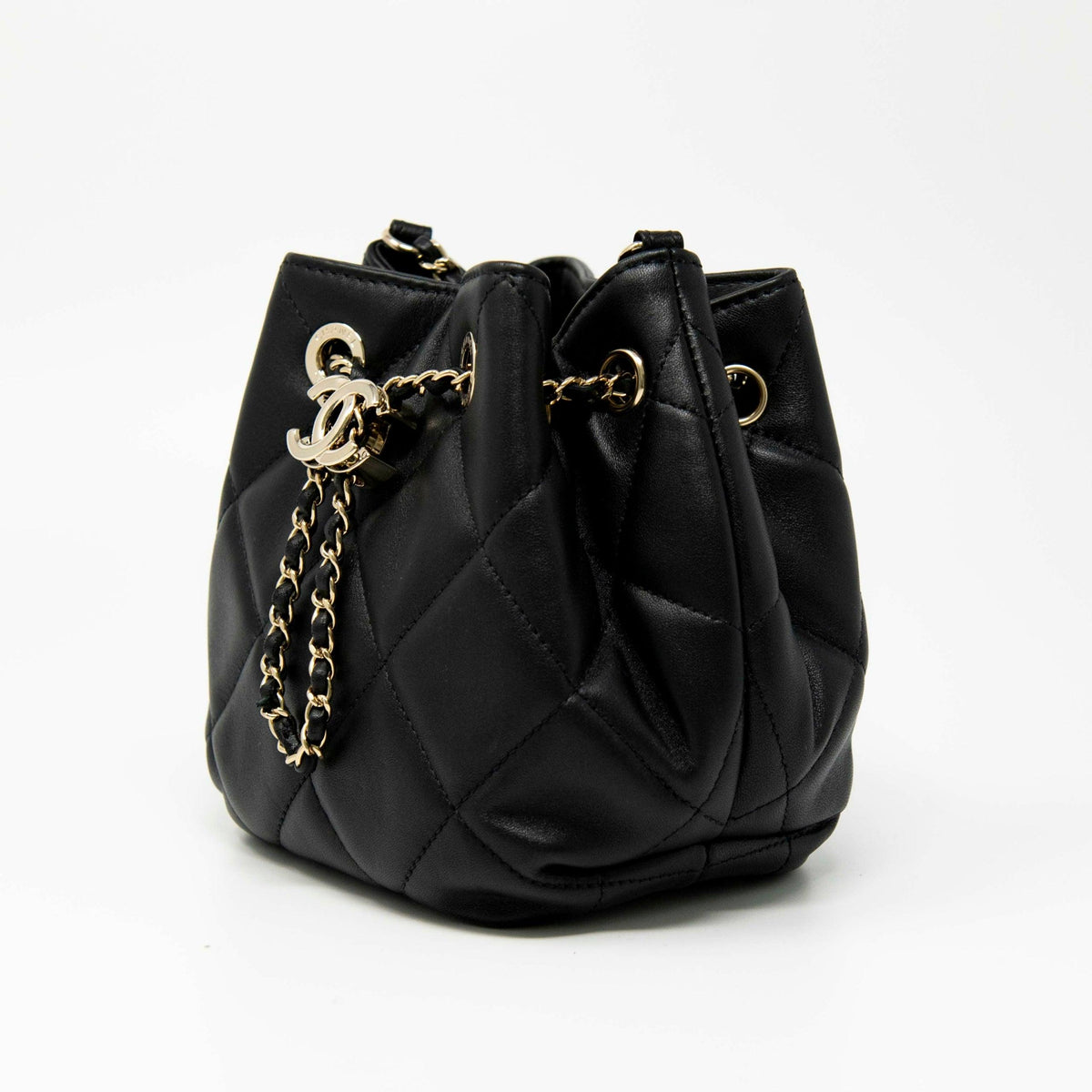 Chanel Black Lambskin Mini Bucket Bag | Jadore Couture